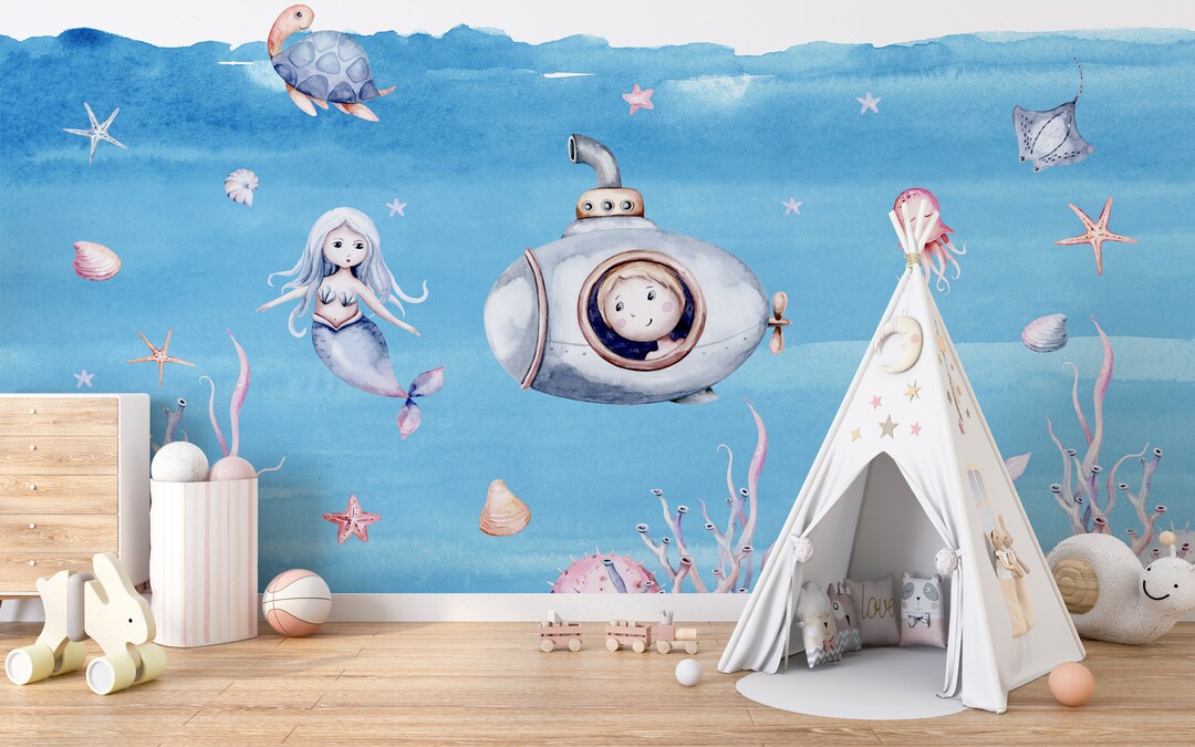 Peel and Stick Underwater Marine Life Wallpaper Mural Mermaids Wall ...