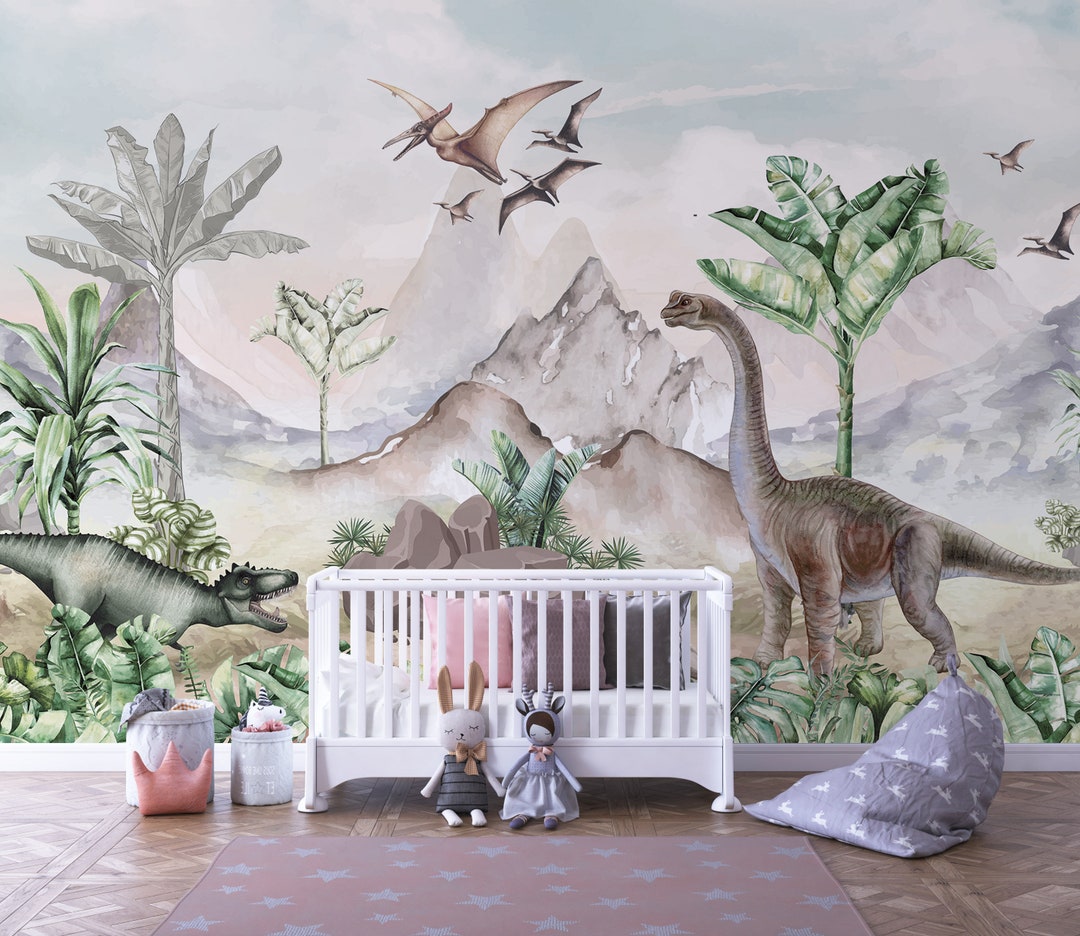 Watercolor Dinosaurs Kids Room Wallpaper, Dinosaurs Nursery Mural, Cute ...