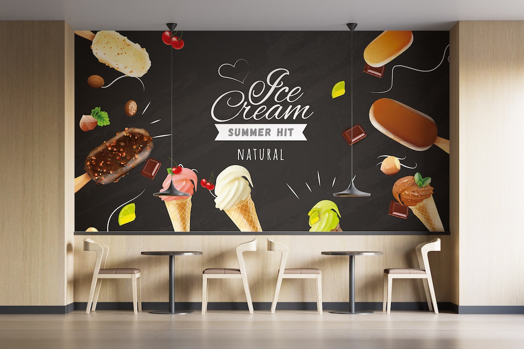 Ice Cream Shop Wall Mural, Colorful Ice Cream Cafe Wallpaper, Summer ...