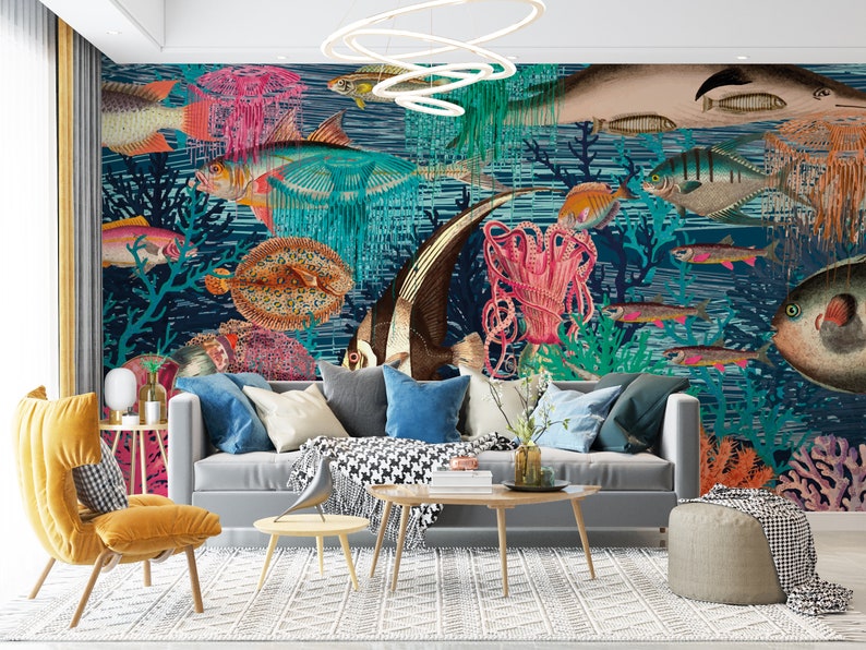 Impressive Wallpaper, Artistic Design Mural, Vibrant Color Ocean Fish ...