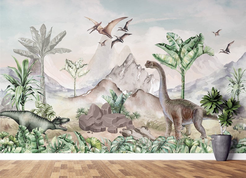 Watercolor Dinosaur Jungle Mural, Kids Room Peel and Stick Wallpaper - Etsy