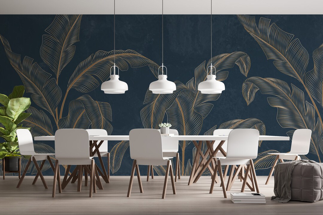 Dark Background Tropical Self Adhesive Wallpaper. Gold Color View ...