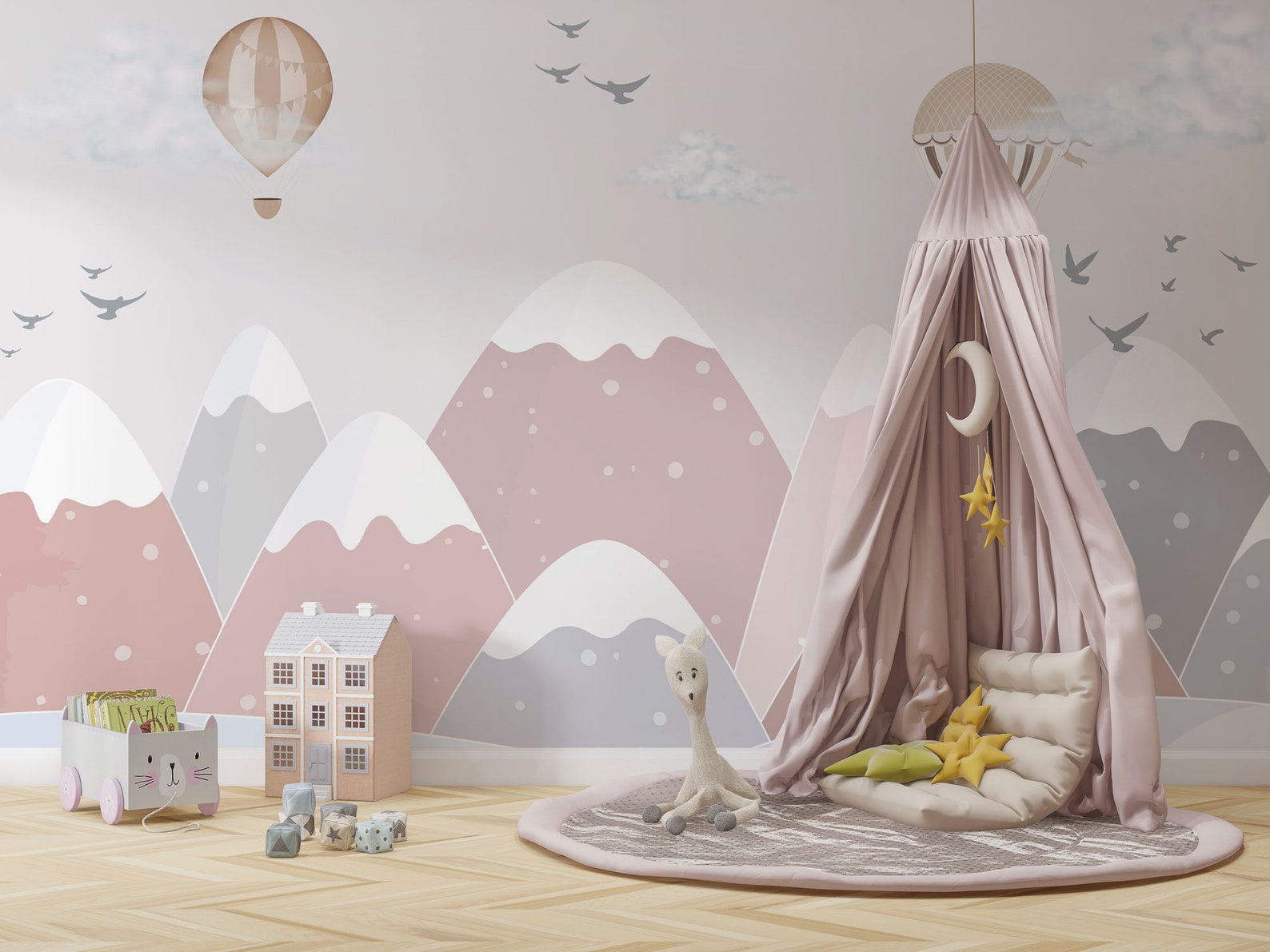 Pink Colors Baby Kids Wallpaper, Cute Girl Kids Room Mural, Hot Air ...