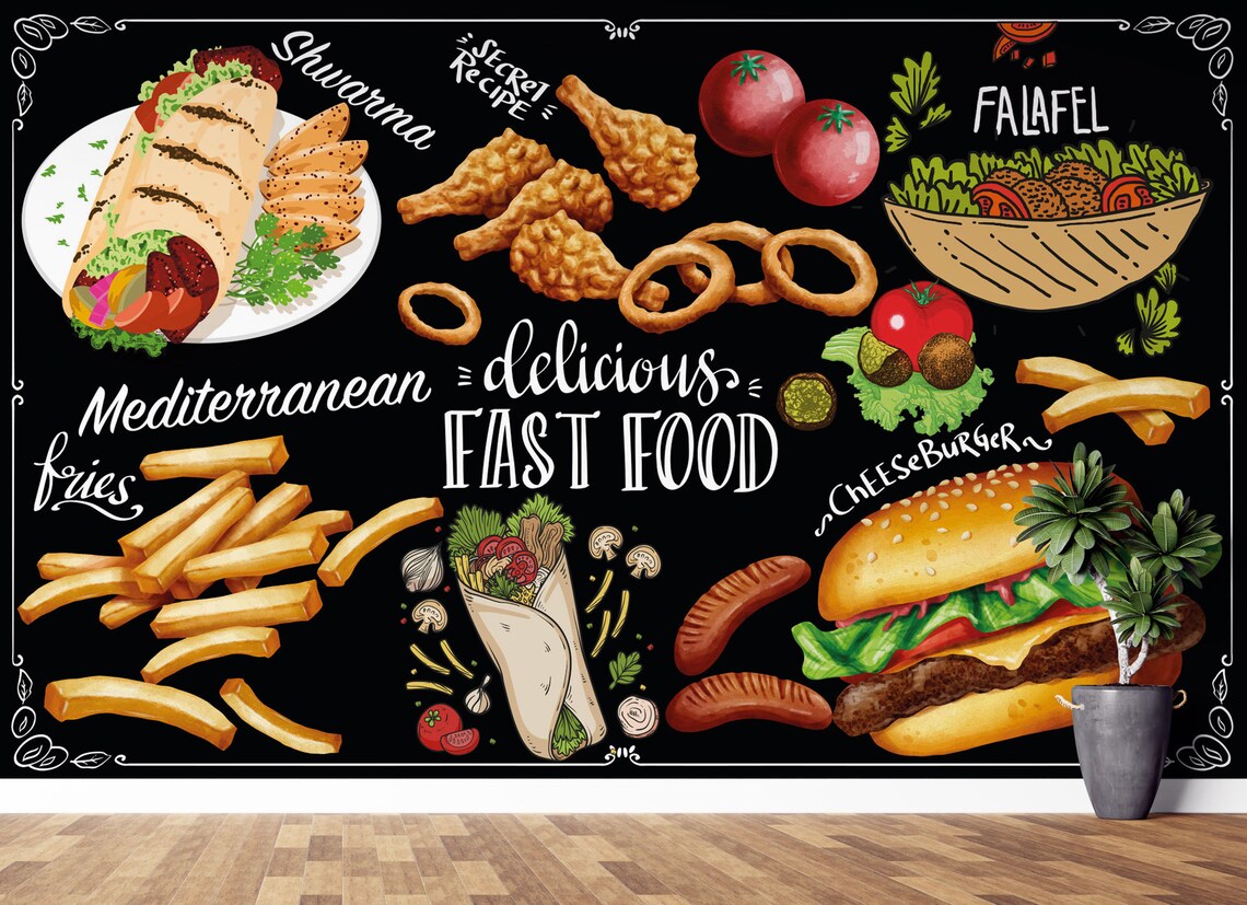 Fast Food Themed Black 3D Wall Mural, Fun Kitchen Decor Wallpaper ...
