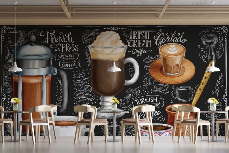 Retro Watercolor French Cafe Mural – Coffee Shop Peel and Stick ...