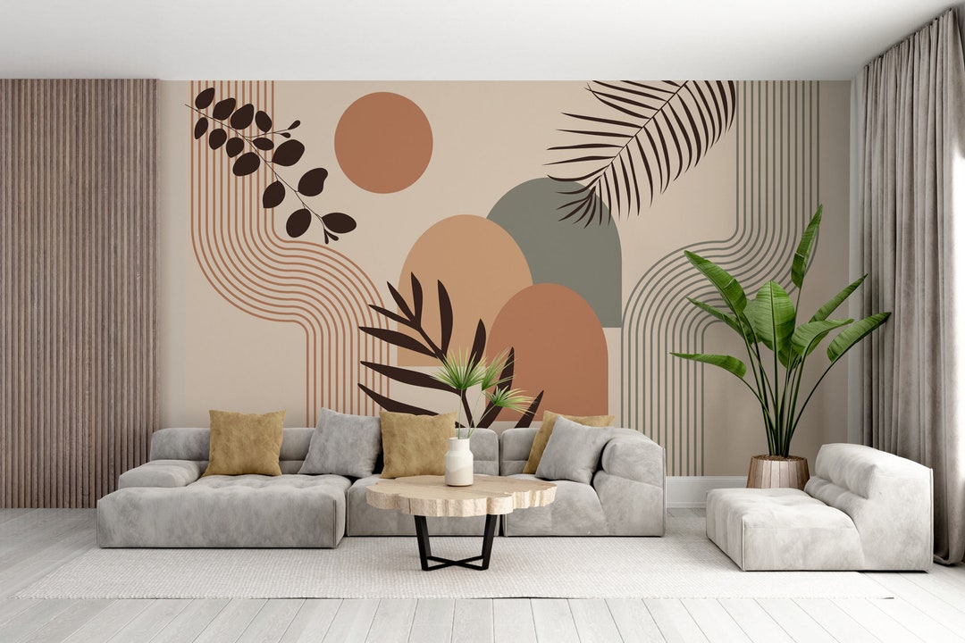 Modern Abstract Wallpaper, Customizable Boho Leaves Wall Mural, Boho ...