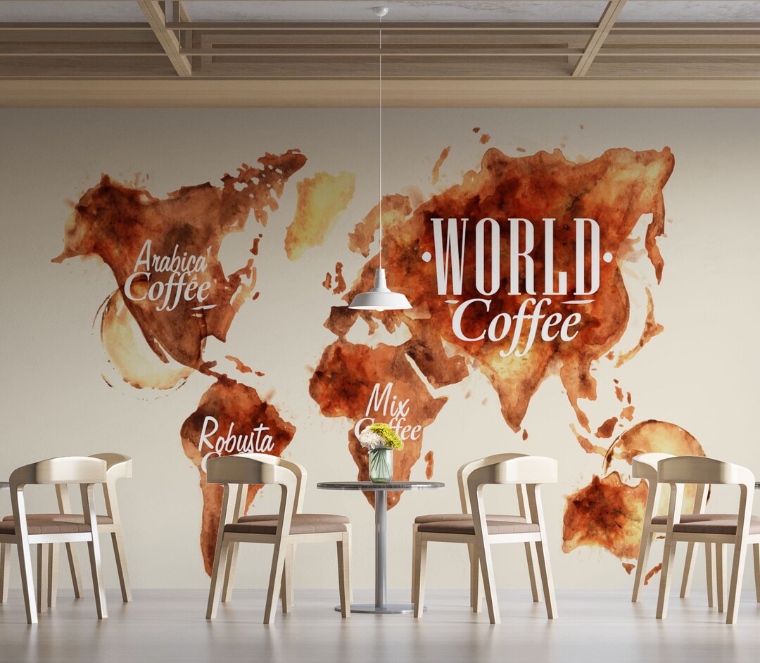 Coffee World Map Wall Mural - Barista Café Wall Art - Watercolor Coffee ...