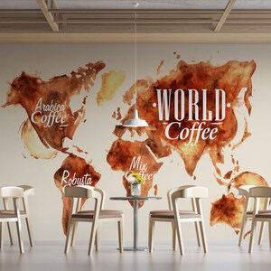 Coffee World Map Wall Mural - Barista Café Wall Art - Watercolor Coffee ...