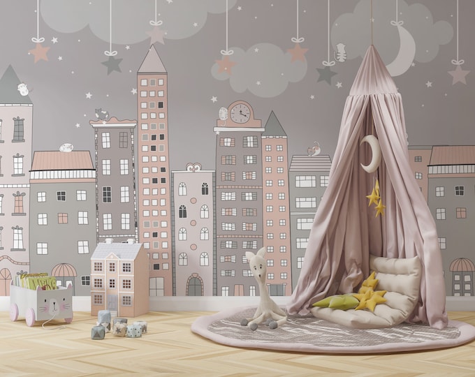 Town Kids Wallpaper, Large Town Peel and Stick Wall Mural, Houses Baby ...