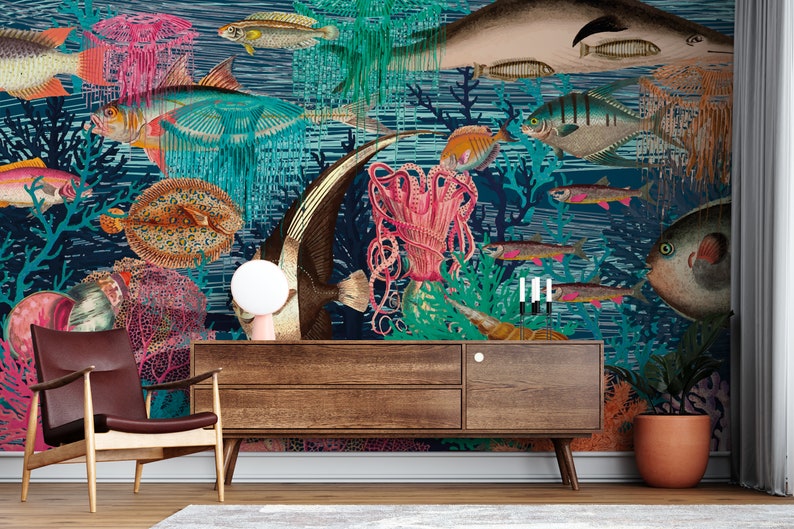Impressive Wallpaper, Artistic Design Mural, Vibrant Color Ocean Fish ...