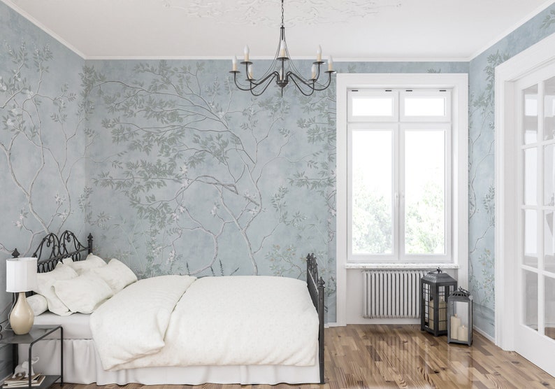 Soft Blue Tree Wallpaper - Asian Floral Wall Mural, Nursery Decor - Etsy