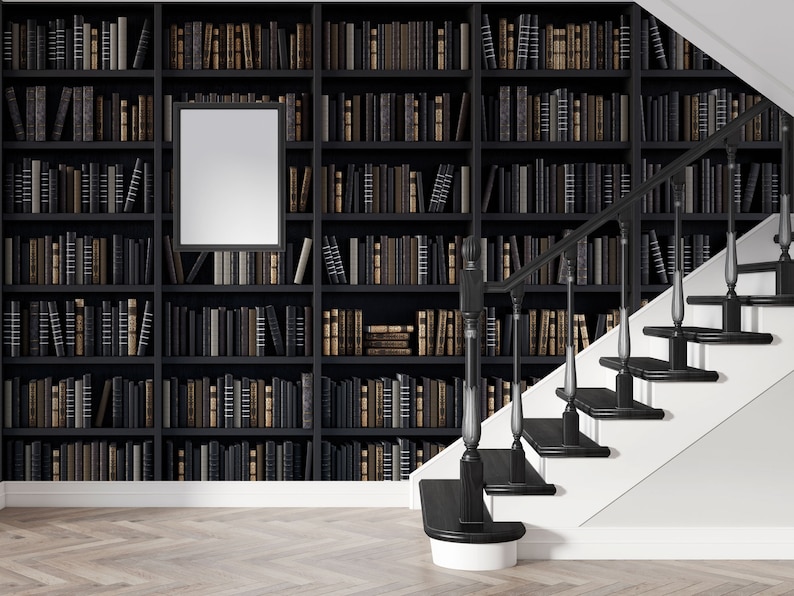 Bookshelf Wallpaper Mural, Vintage Library Wall Mural Decor, Office ...
