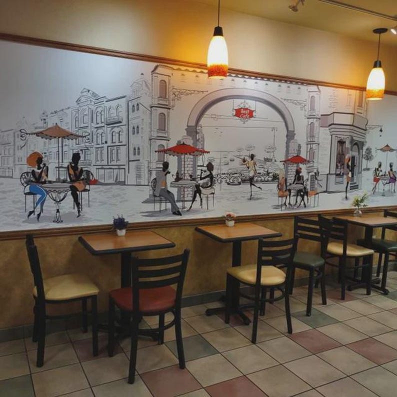 European Street Café Mural – Hand-drawn Style Peel and Stick Wallpaper ...