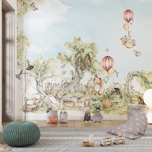 Forest Watercolor Kids Wallpaper, Tree Houses Nursery Wall Mural ...