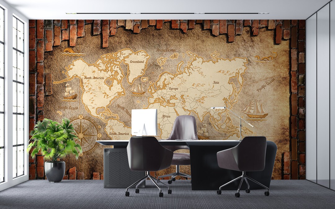 Brown Beige Colors Brick Look World Map Wallpaper, Push Pin Traveler ...