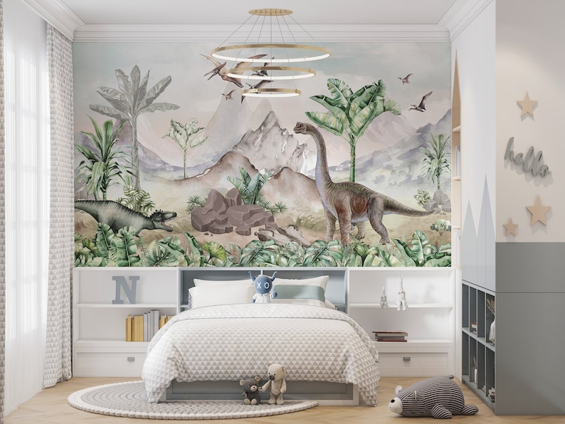 Watercolor Dinosaur Jungle Mural, Kids Room Peel and Stick Wallpaper - Etsy