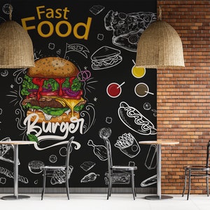 Fast Food Restaurant Easy Removable Wallpaper, Hamburger Cafe Wall ...