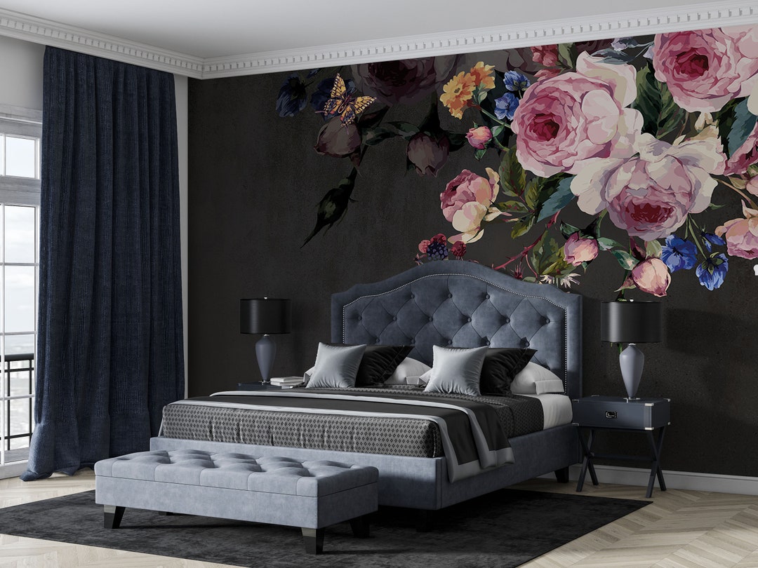 Wildflower Wallpaper in Black, Peel and Stick Dark Cottagecore ...