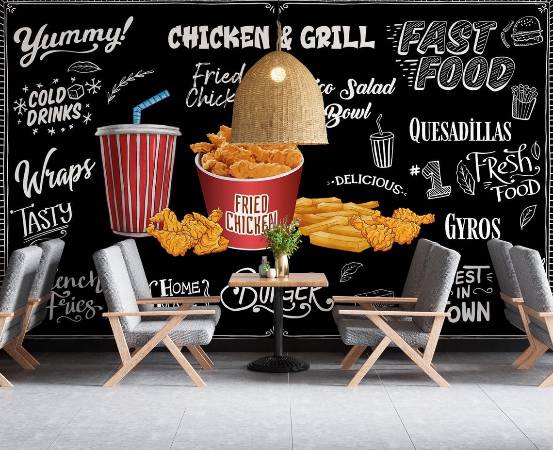 Customizable Fast Food Restaurant Wallpaper, Hamburger Cafe Wall Mural ...