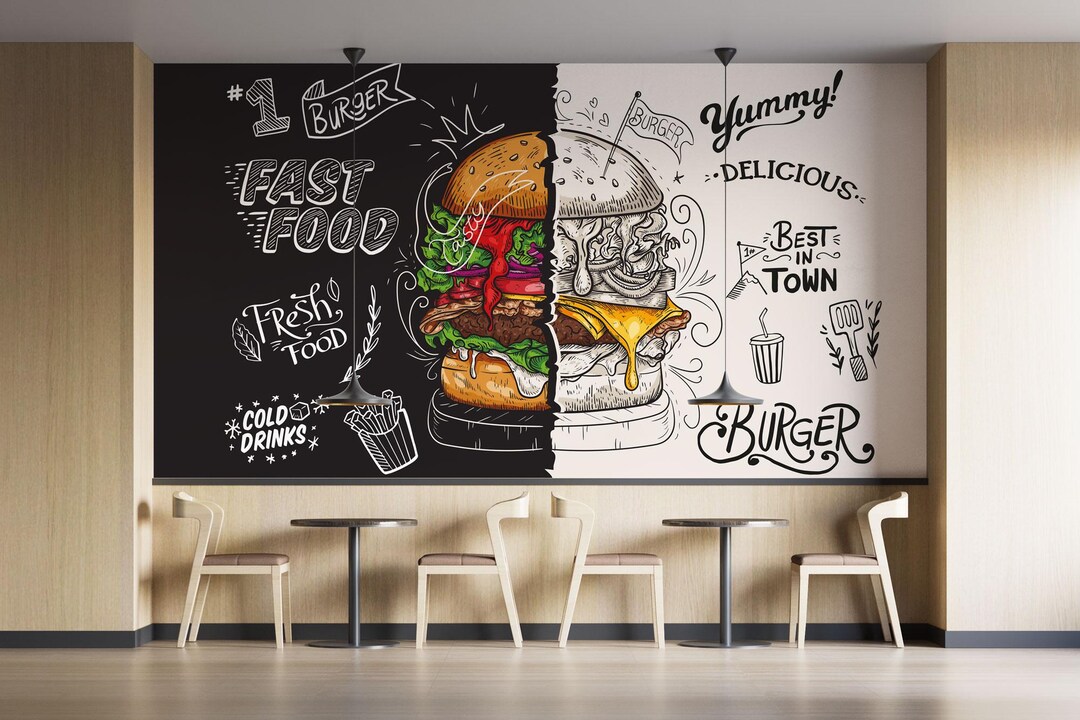 Customizable Burger Shop Wall Mural, Fast Food Cafe Decor, Restaurant ...