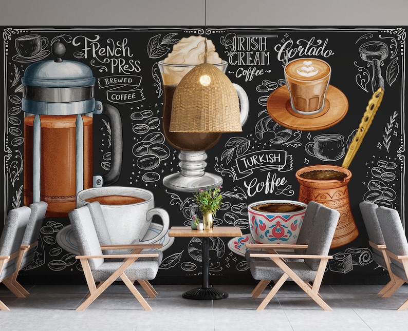 Retro Watercolor French Cafe Mural – Coffee Shop Peel and Stick ...