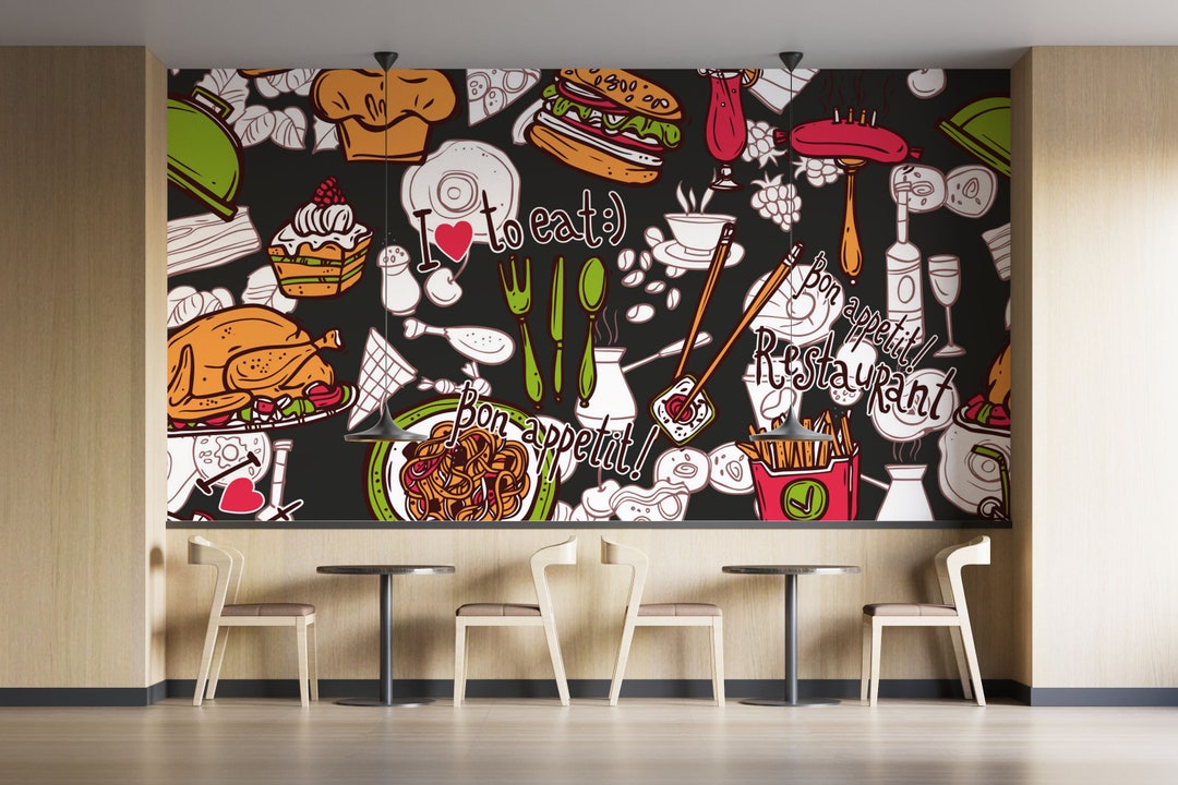 Burger Fries Sushi Spaghetti Fast Food Restaurant Wallpaper, Doodle ...