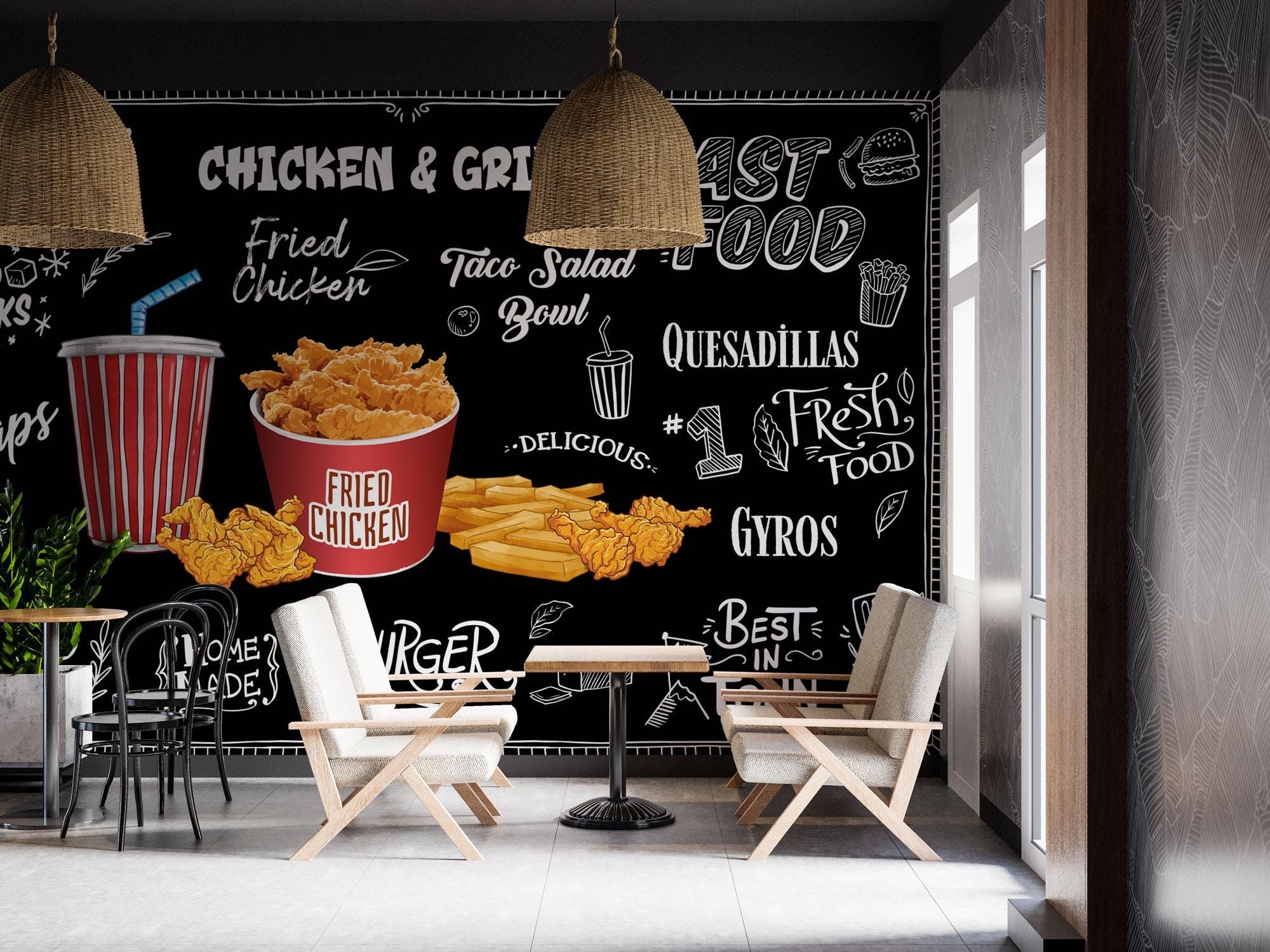 Customizable Fast Food Restaurant Wallpaper, Hamburger Cafe Wall Mural ...