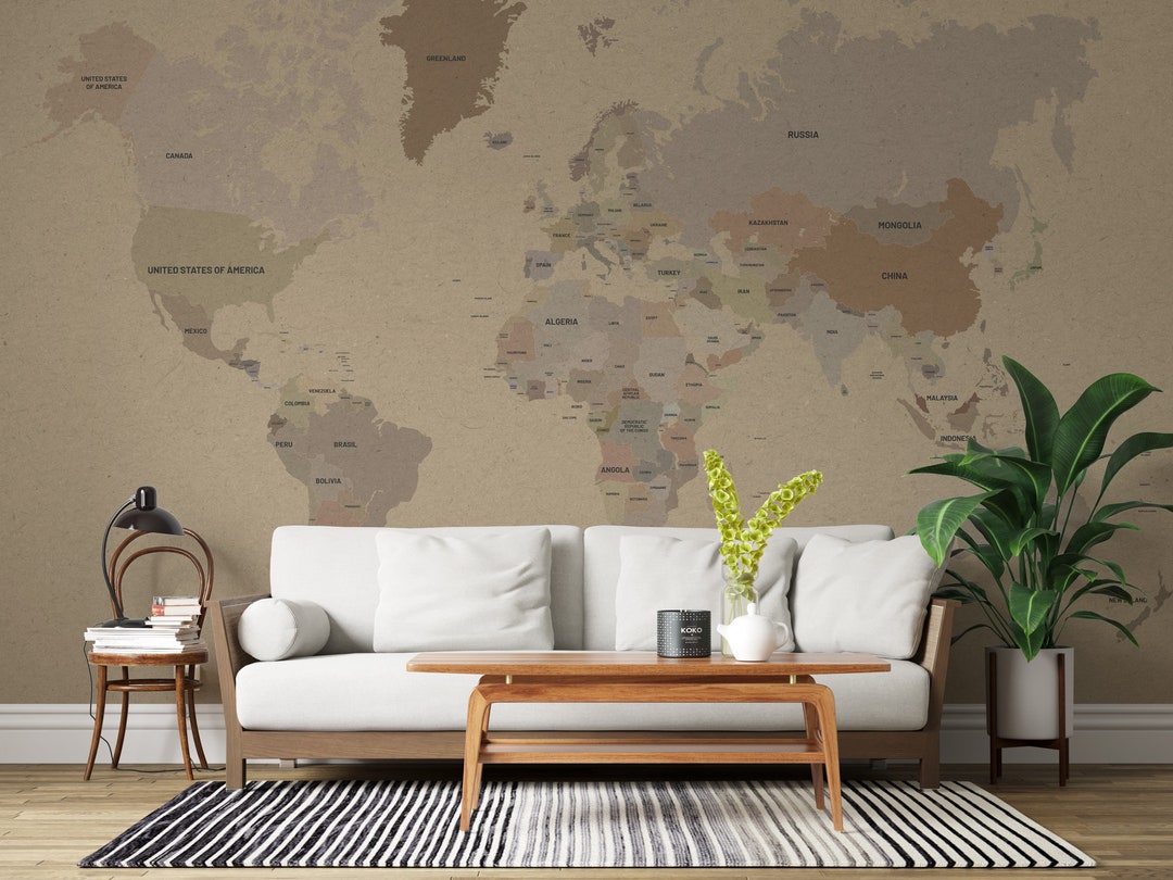 Office World Map Wall Decor, World Map Murals, Pastel Beige Colors ...