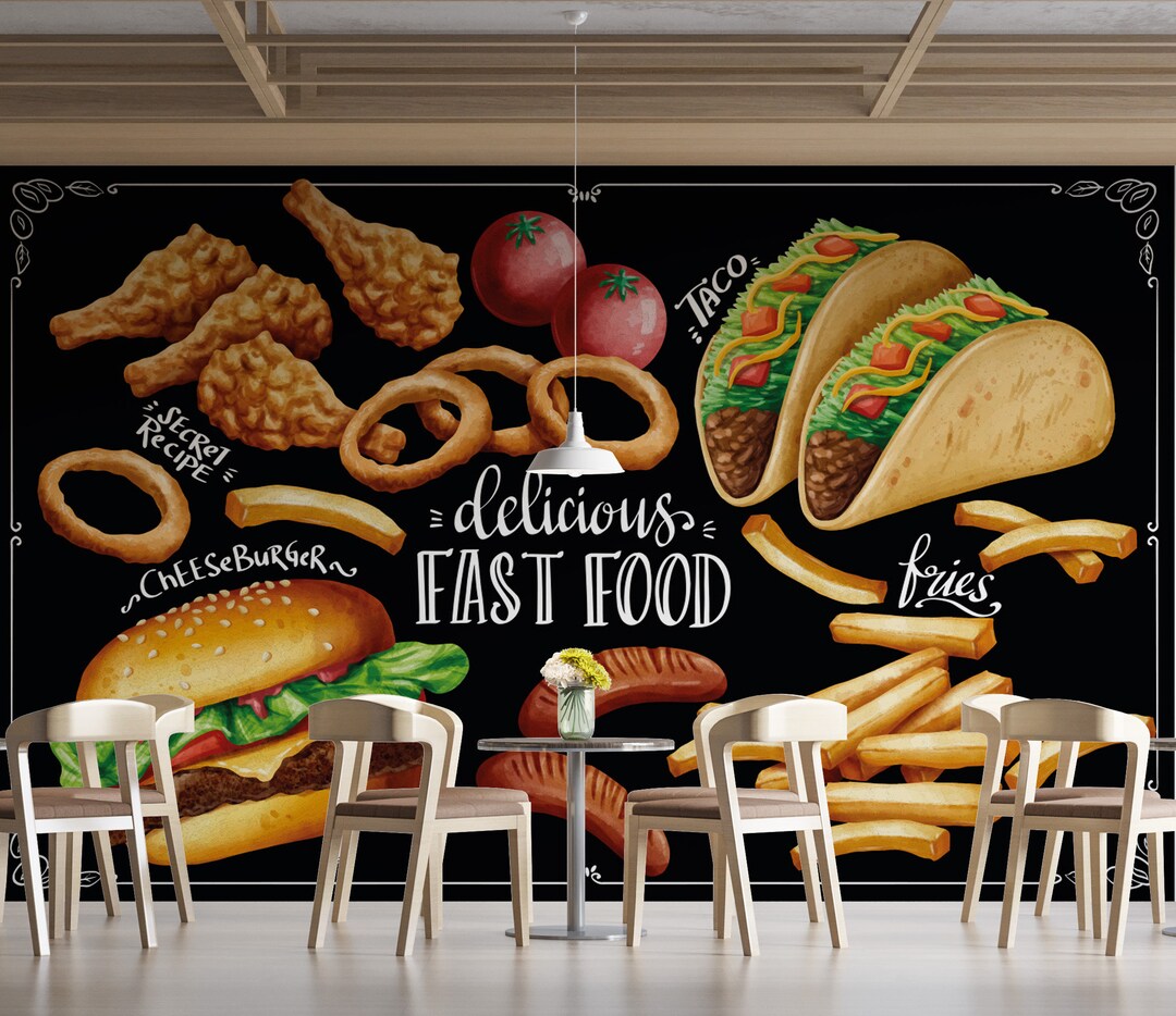 Taco Nachos Hamburger Wall Mural Posters, Fast Food Culinary Peel and ...