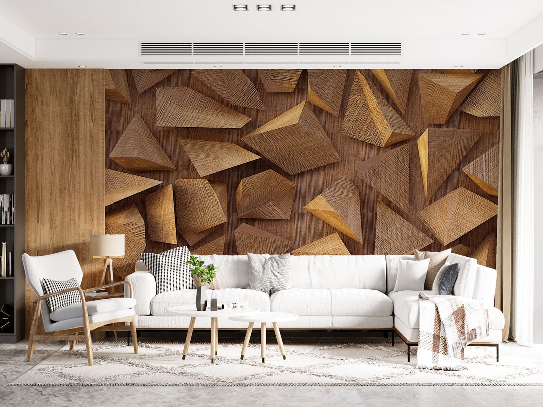 Wooden 3D Look Wall Mural - Neutral Abstract Wall Mural - Wood Tones ...