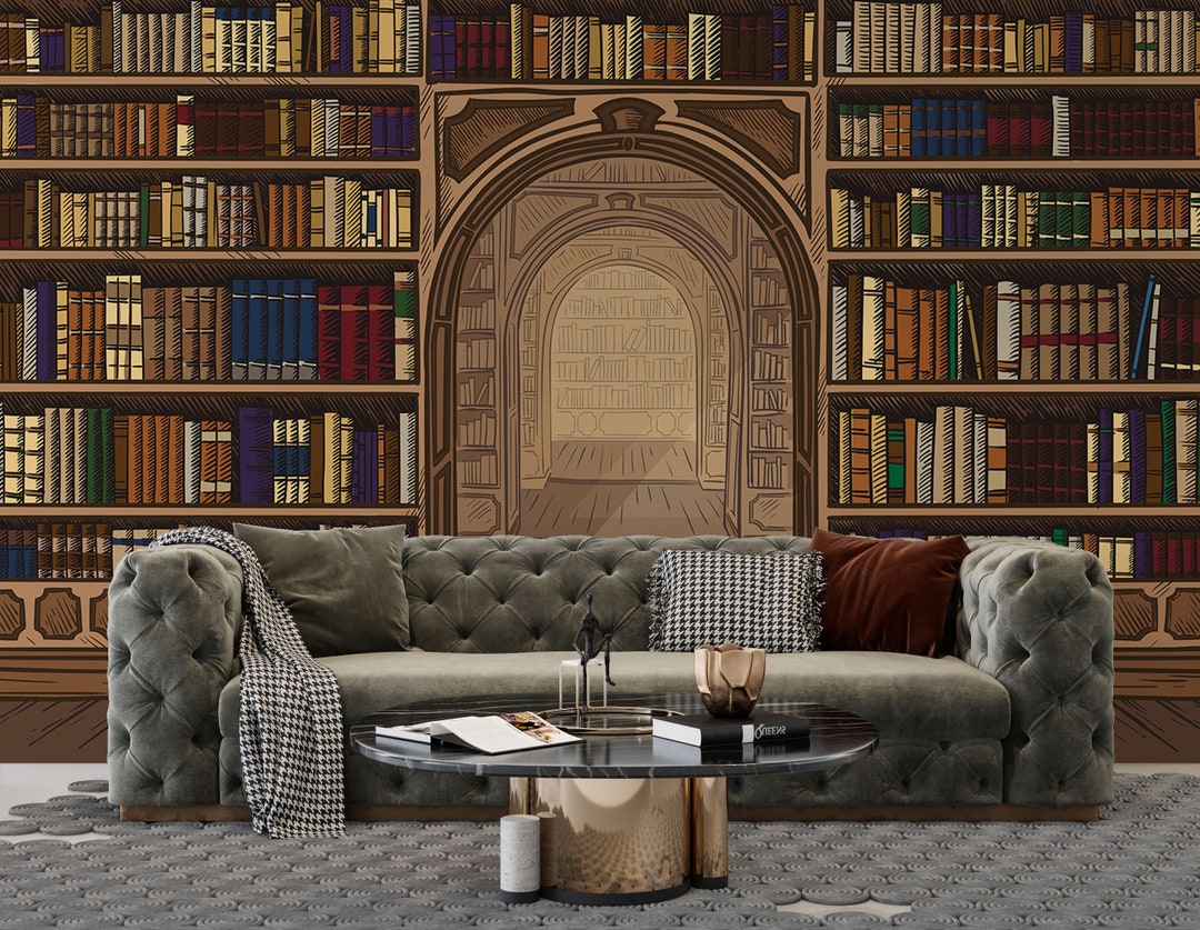 Vintage Looking Library Pattern Removable Bookshelf Mural, Pastel Color ...