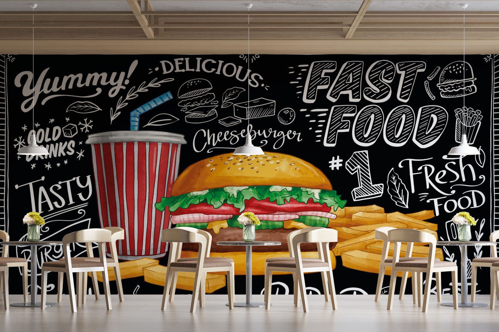 Customizable Fast Food Restaurant Easy Removable Wallpaper, Hamburger ...