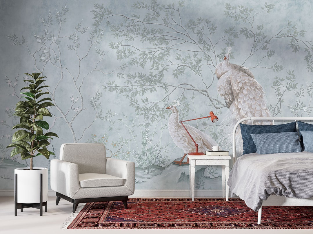 White Peacock Wall Mural, Blue Flowers Birds Wallpaper, Asian Wall ...