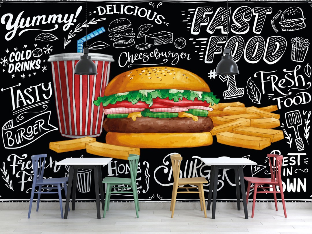 Customizable Fast Food Restaurant Easy Removable Wallpaper, Hamburger ...