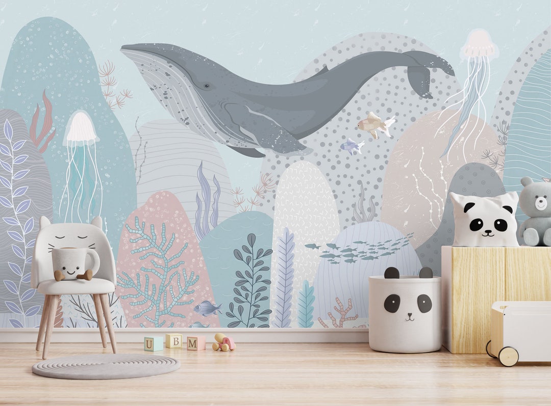 Pastel Blue Color Kids Wallpaper, European Style, Underwater Life Wall ...