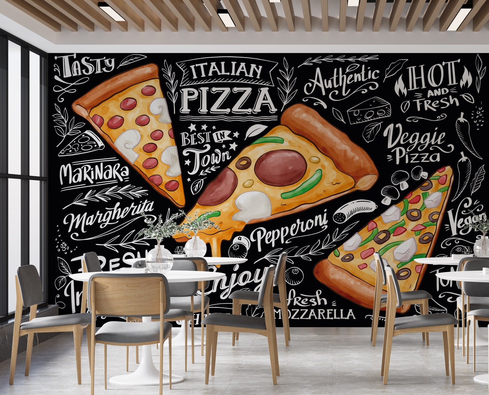 Pizza Restaurant Wallpaper, Pizza Fast Food Pattern Peel and Stick ...