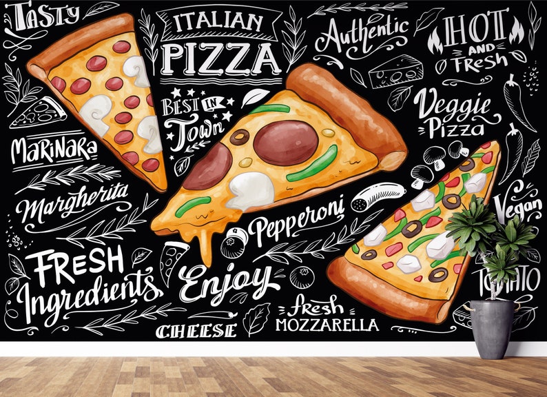 Pizza Restaurant Wallpaper, Pizza Fast Food Pattern Peel and Stick ...