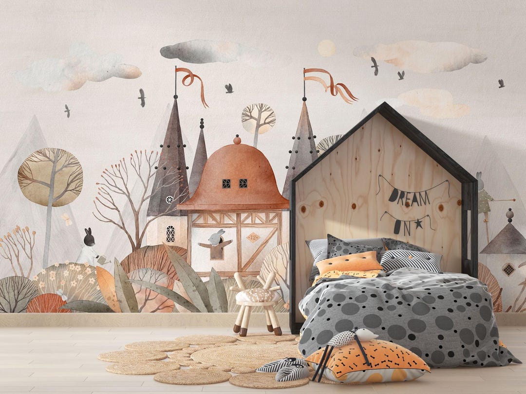 Boho Color Fairy Tale Castle Wallpaper for Kids Room – Pastel Nursery ...