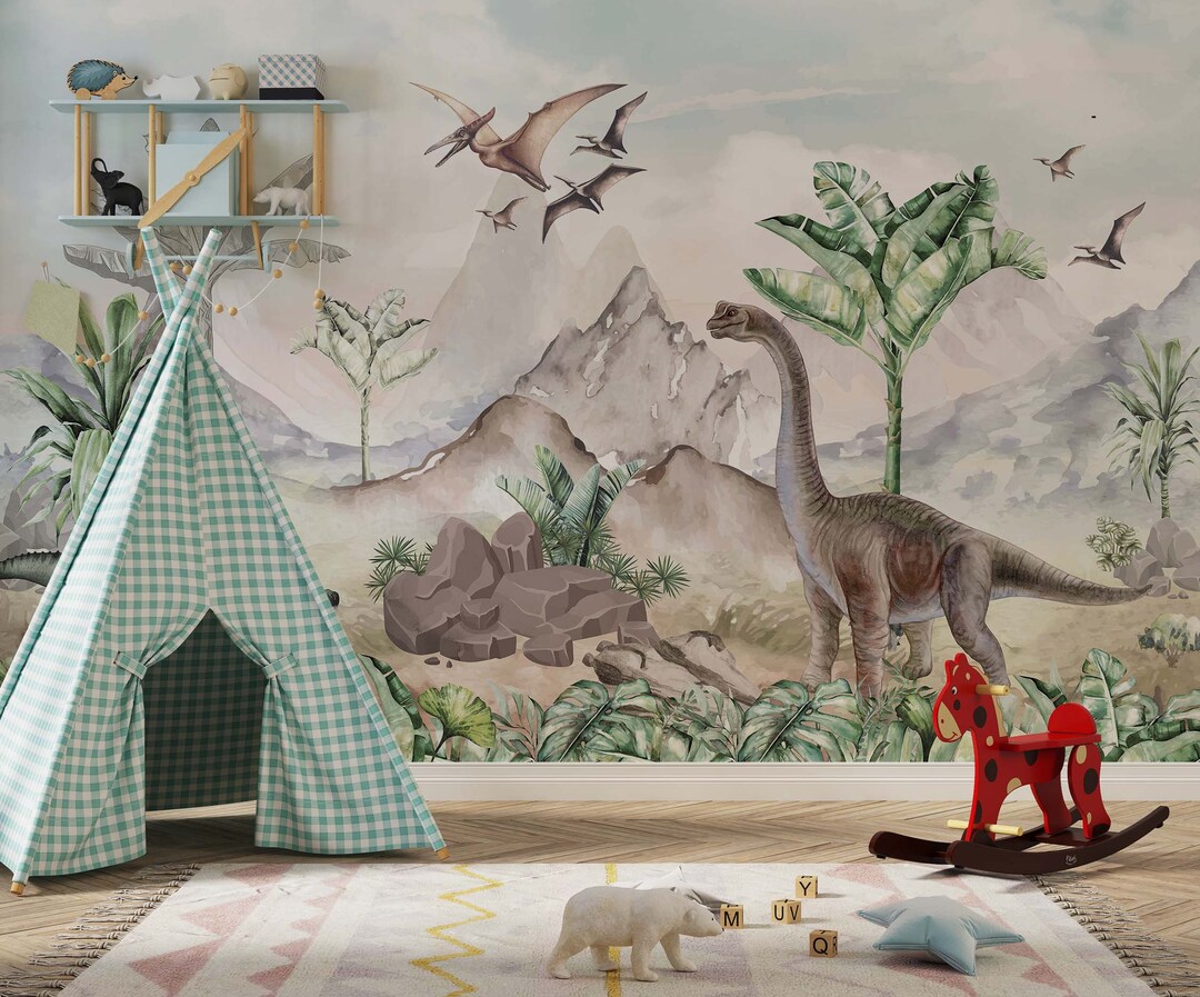 Watercolor Dinosaurs Kids Wallpaper, Dinosaurs Nursery Mural, Baby Room ...