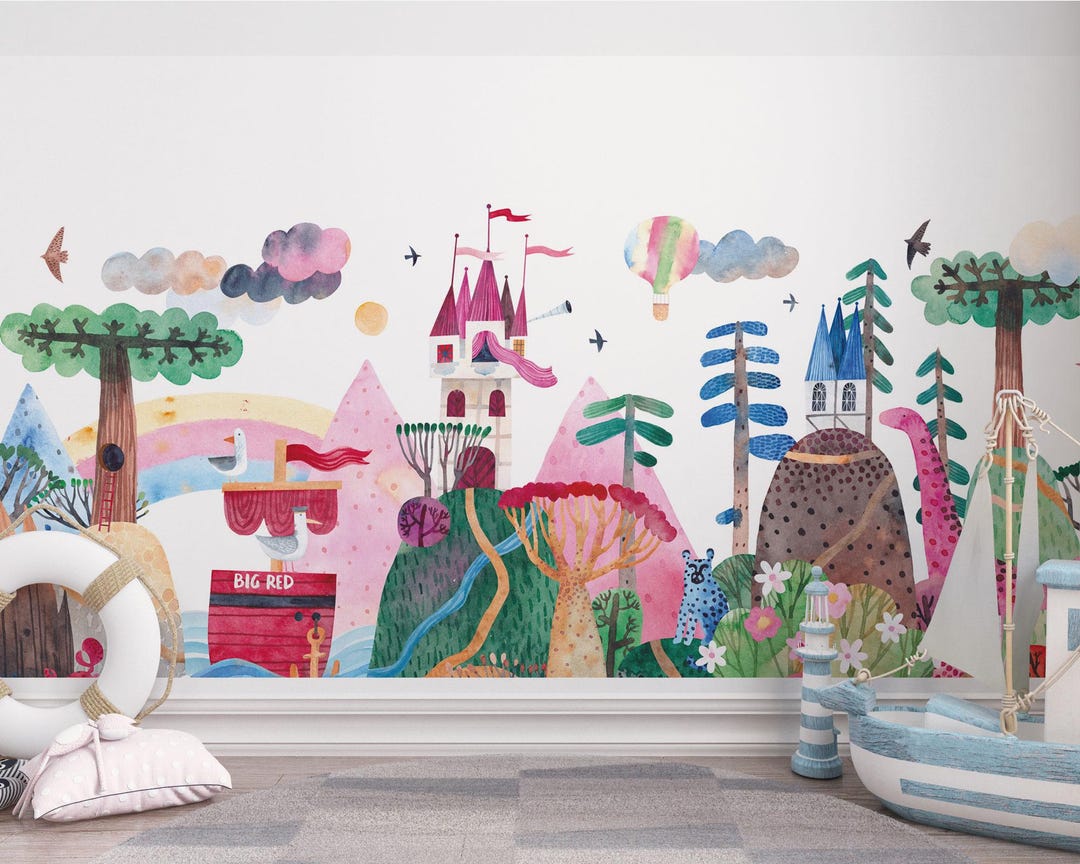 Fantasy Storybook Wall Mural, Dinosaur and Castle Kids Wallpaper ...