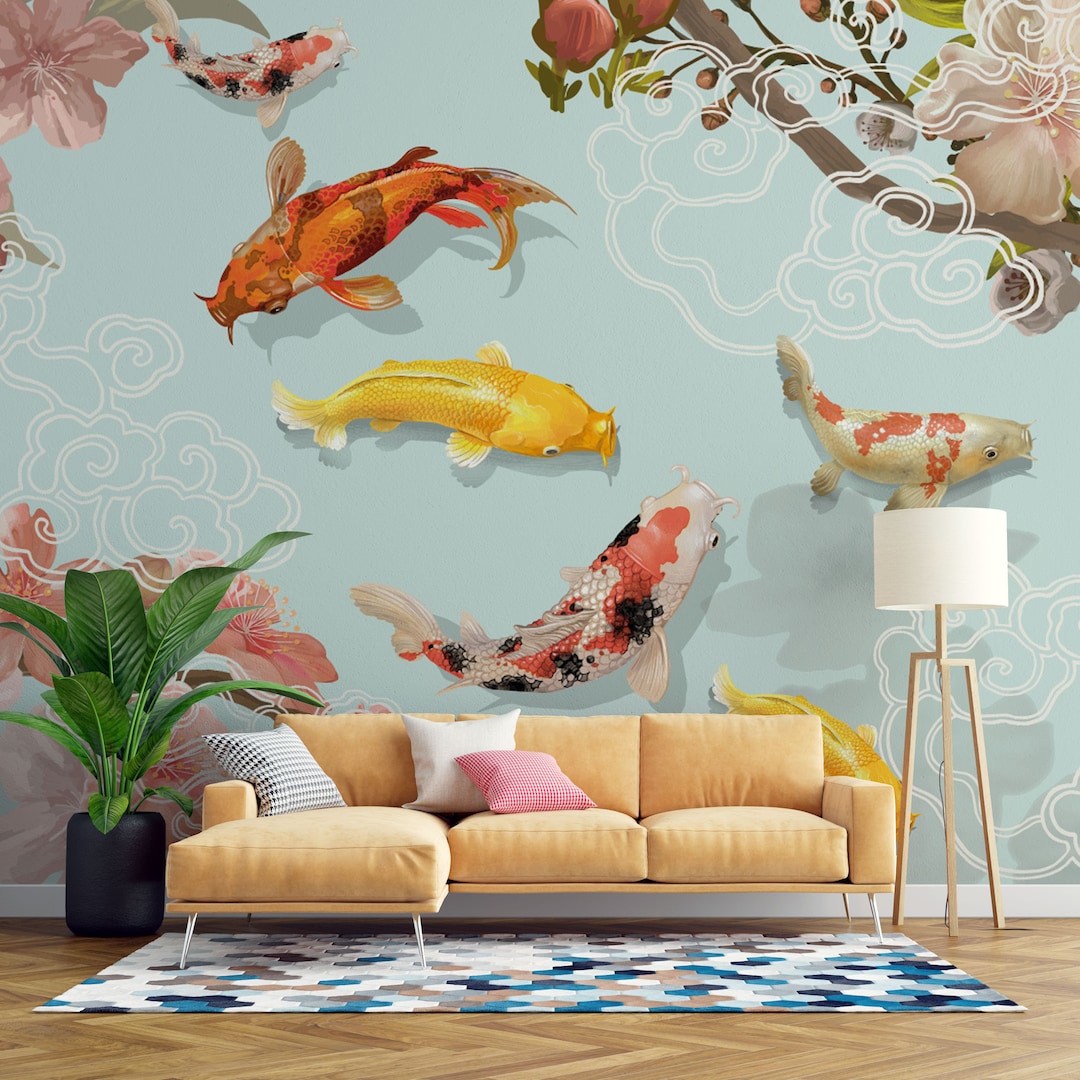 Asian Koi Fish Asian Wallpaper, Modern Flowers Asian Wall Art Mural ...