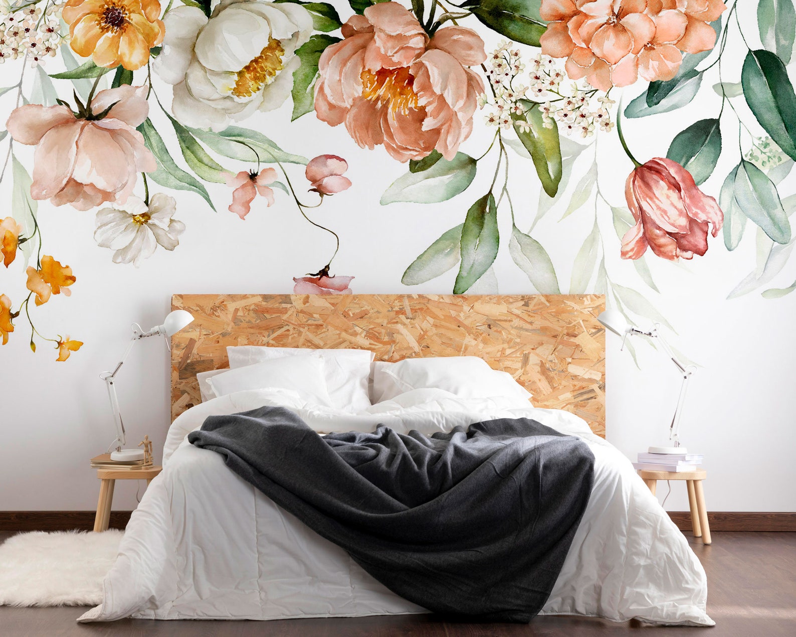 Peony Peel and Stick Wallpaper Big Florals Wall Decal, Watercolor Soft ...