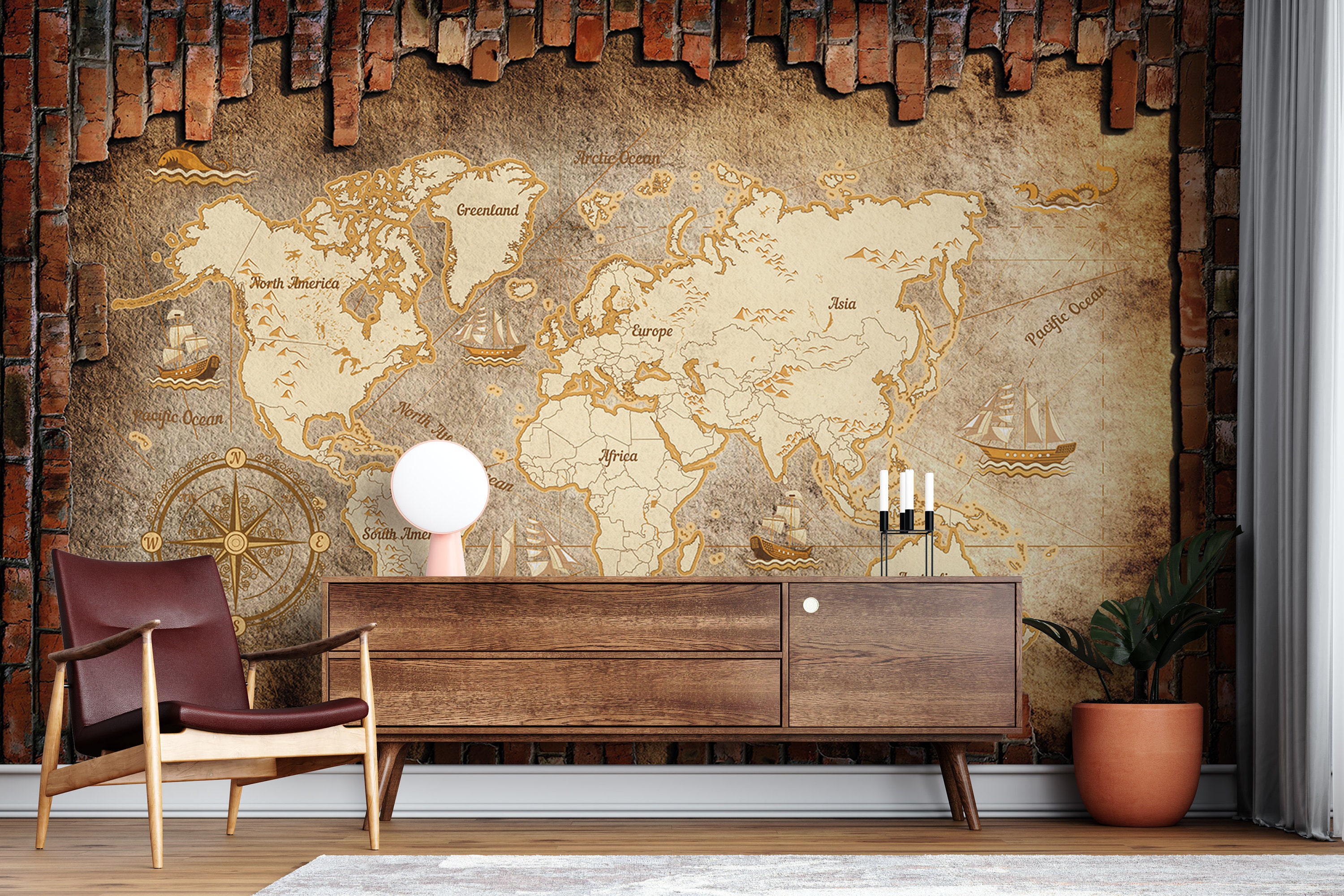 Brown Beige Colors Brick Look World Map Wallpaper, Push Pin Traveler ...