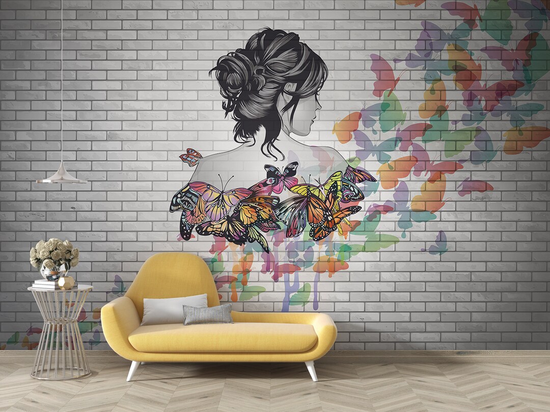 Graffiti Wall Mural, Brick Wall Pattern Background Butterfly Girl ...