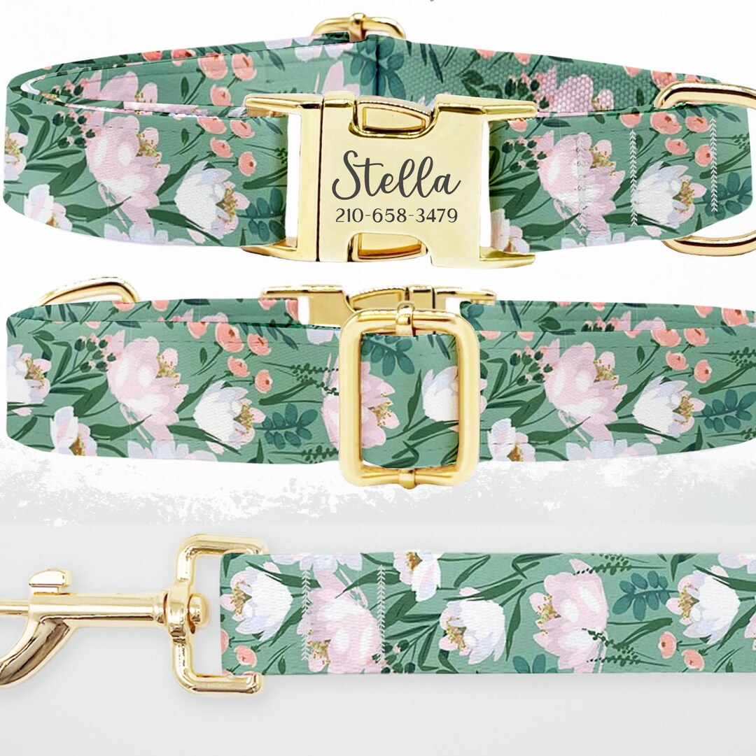 Personalized Dog Collar Leash Set: Engraved Buckle, Green Peony - Etsy