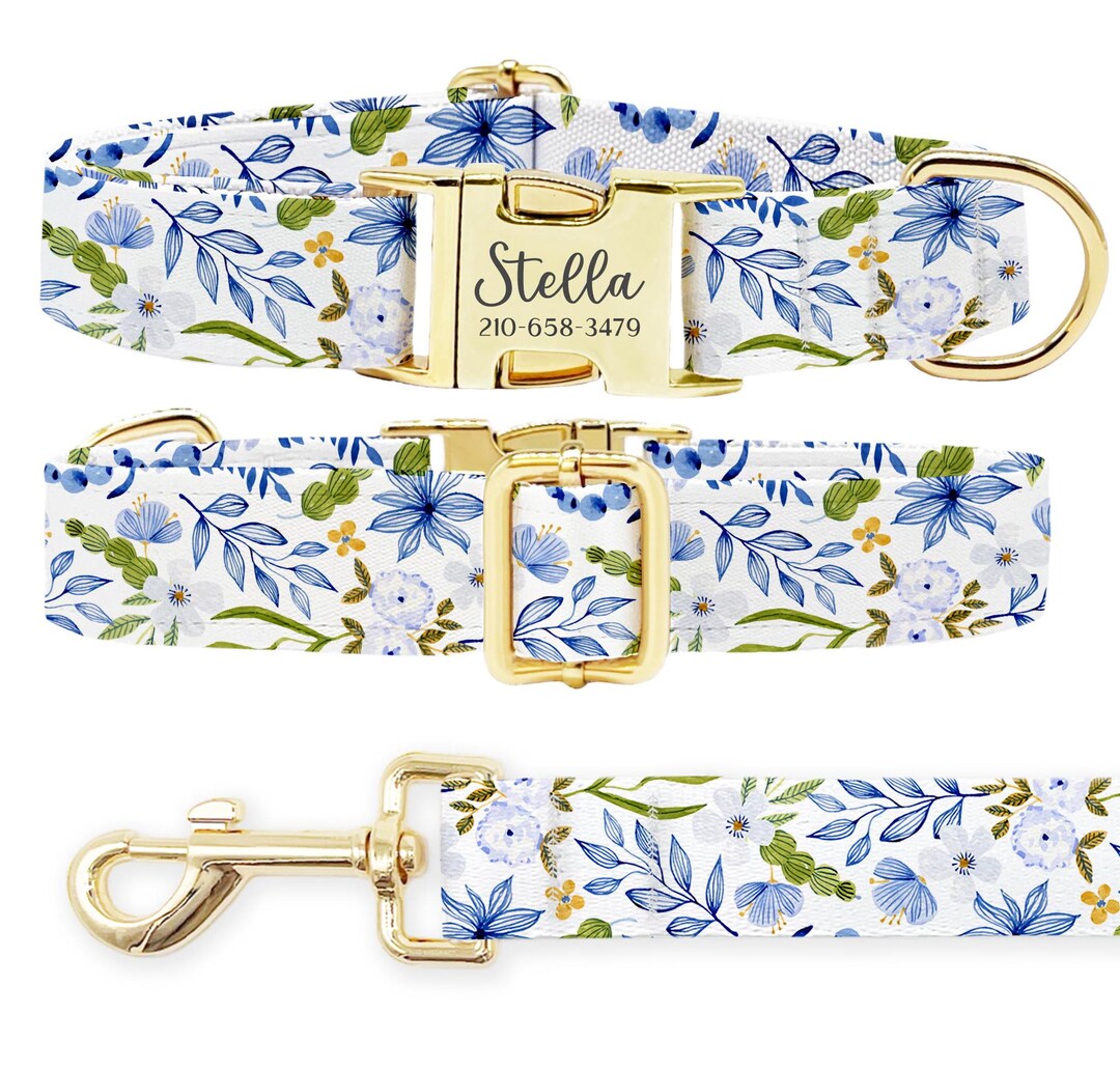 Personalized Floral Dog Collar Leash Set: Engraved Metal Buckle - Etsy