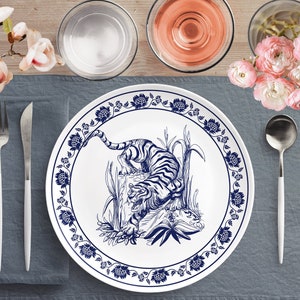Chinoiserie Blue and White Tiger Dinner Plate, Floral Decorative Dishes ...