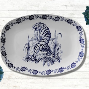 Blue and White Chinoiserie Tiger Serving Platter, Chinoiserie Jungle ...