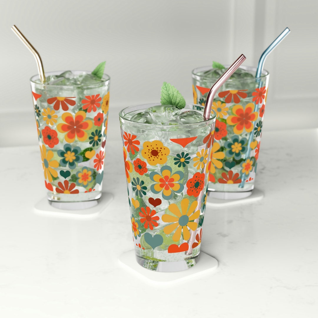 70s Flower Power Pint Glass, 16oz Mid Mod Groovy Hippie Beer Glass ...
