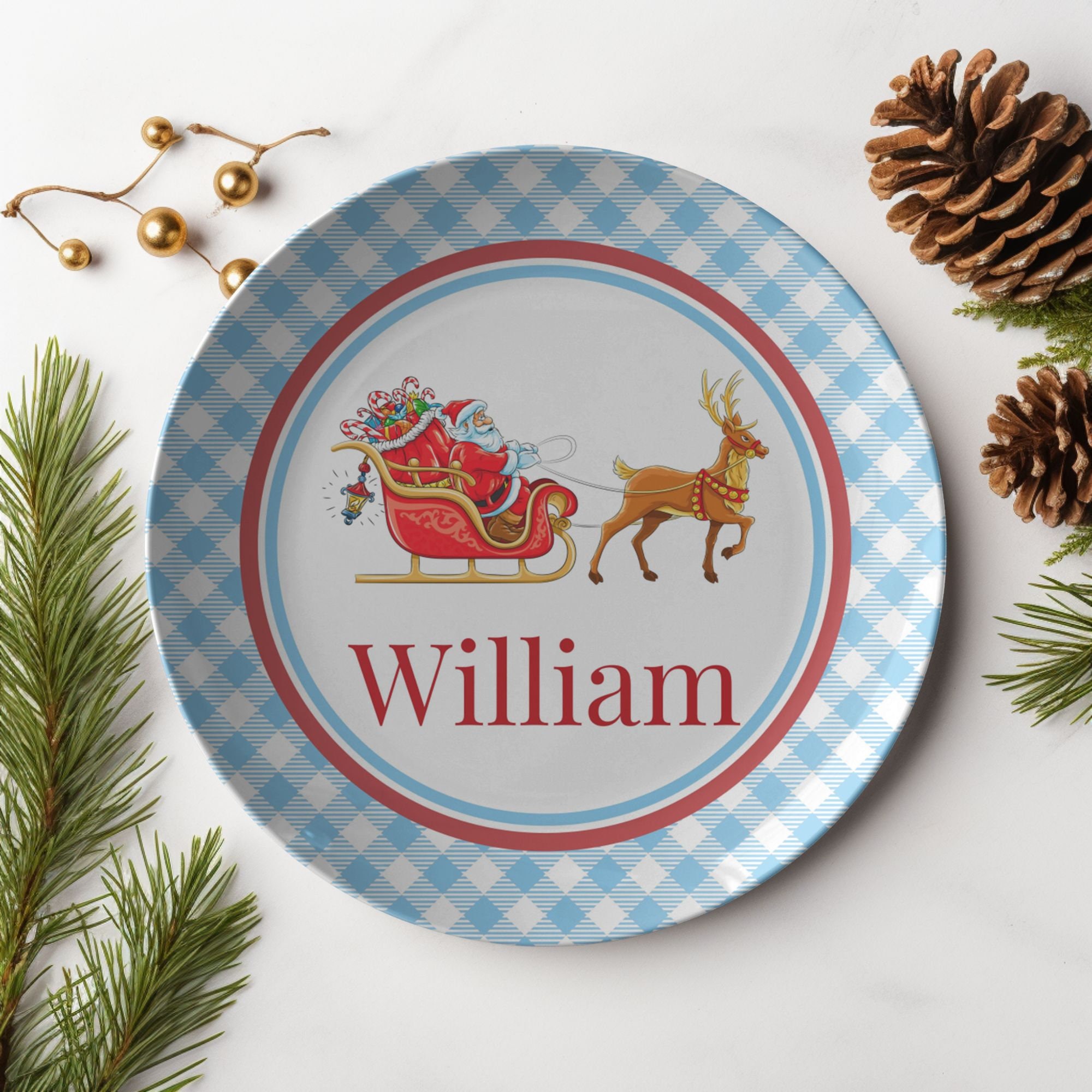 Personalized Santa Sleigh & Rudolph Red Gingham Plate, Kids Holiday ...